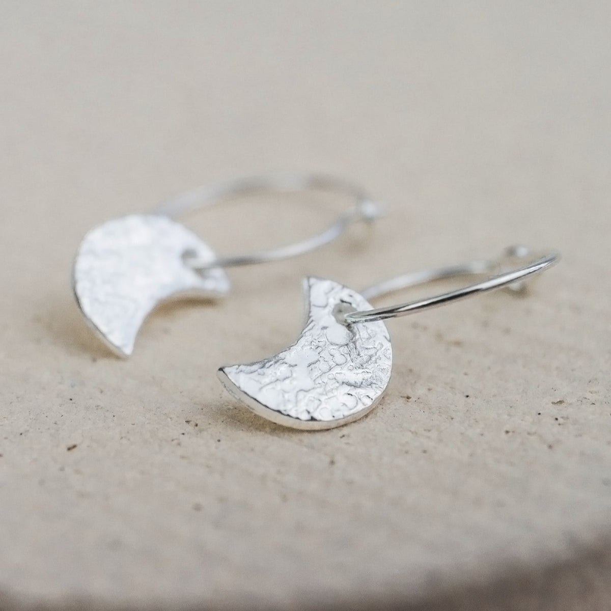 Sterling Silver Textured Charm Hoops - Moon – Lucy Kemp Jewellery